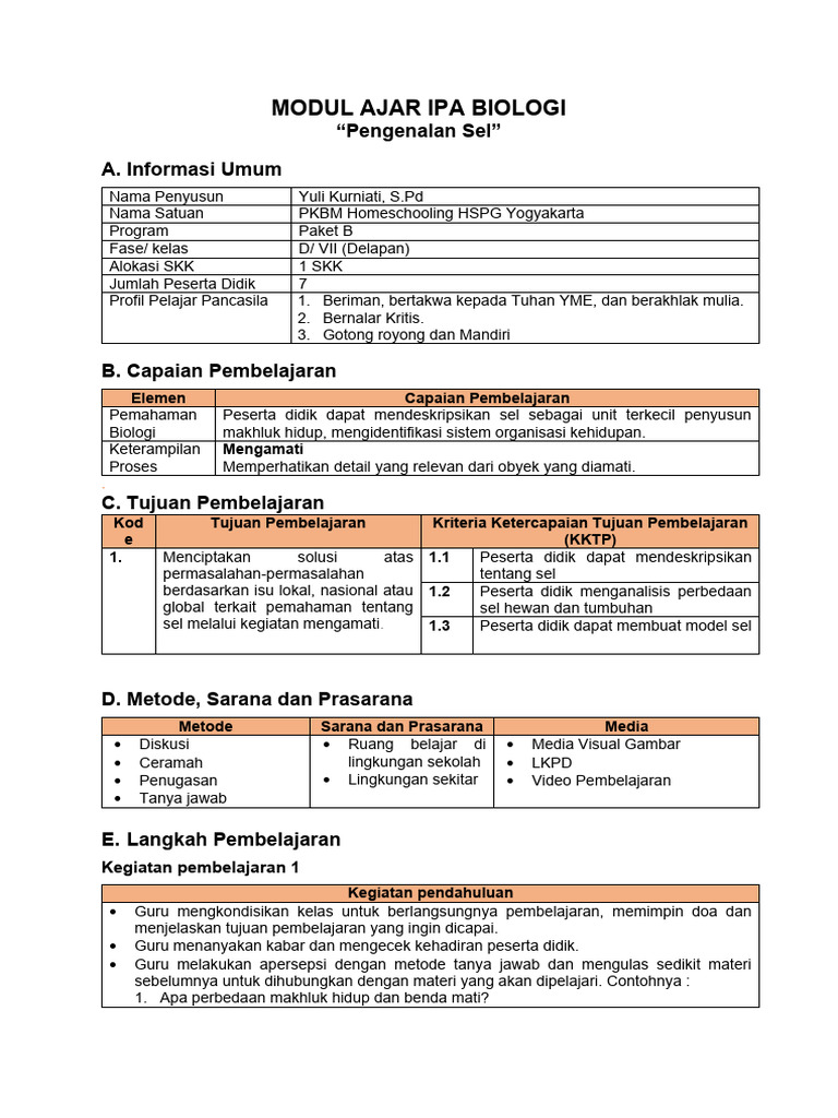 Modul Ajar Biologi: Pengenalan Sel | PDF