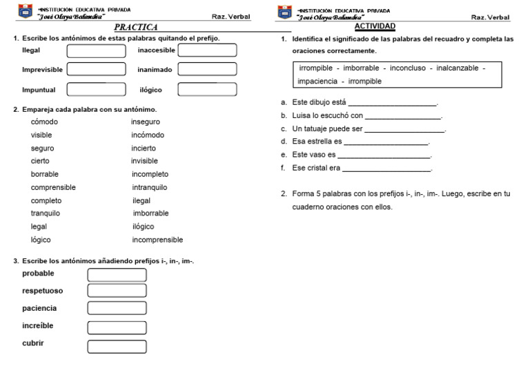 Raz. Verbal Ficha - Prefijos I, In, Im | PDF