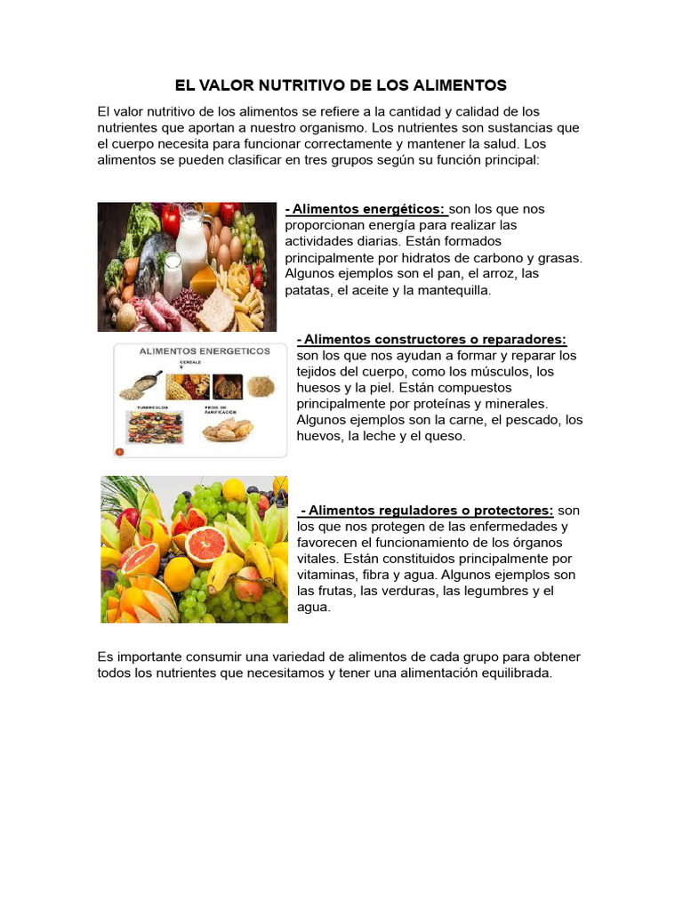 EL VALOR NUTRITIVO DE LOS ALIMENTOS | PDF