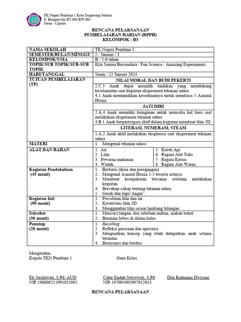 RPPH TK Negeri Pembina 1 | PDF