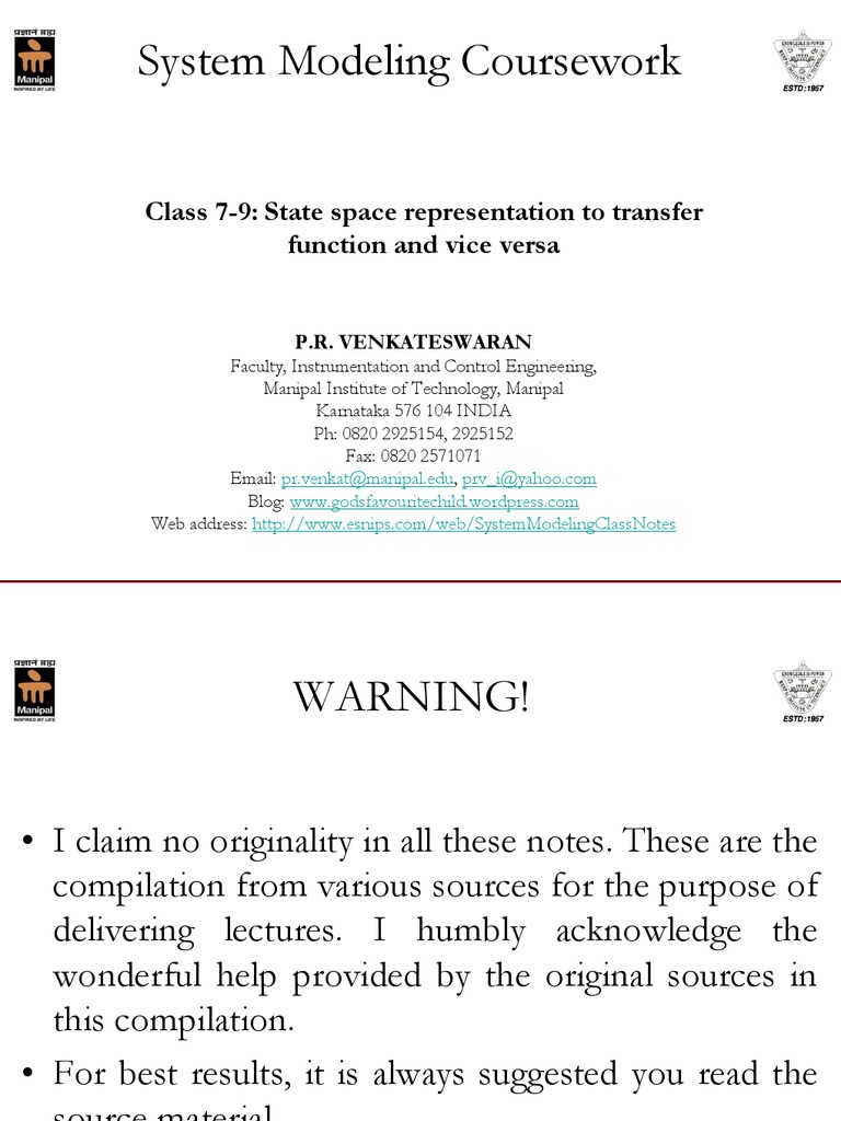 Class 7 - 9 State Space Representation To Transfer Function and Vice ...