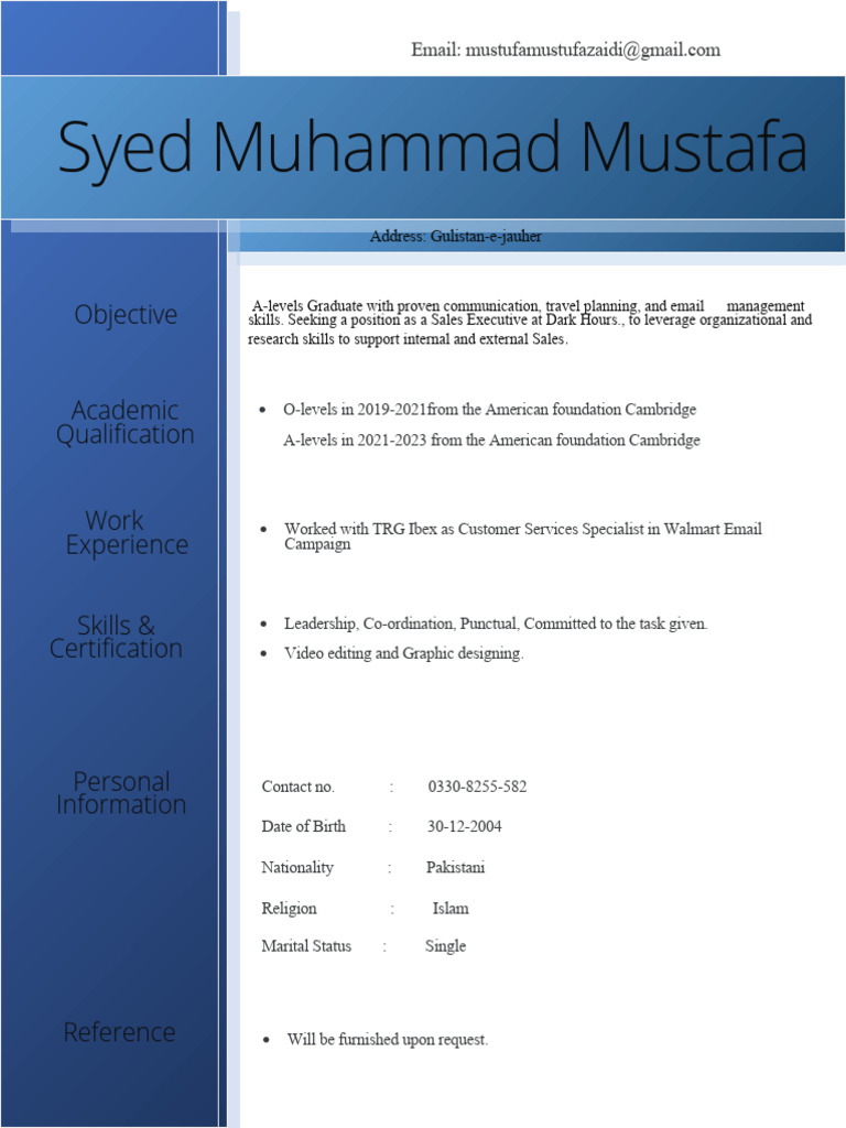 Sales Executive Resume for Syed Mustafa | PDF