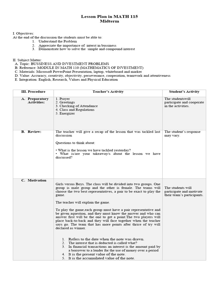 MATH 115 Lesson Plan | PDF | Interest | Loans