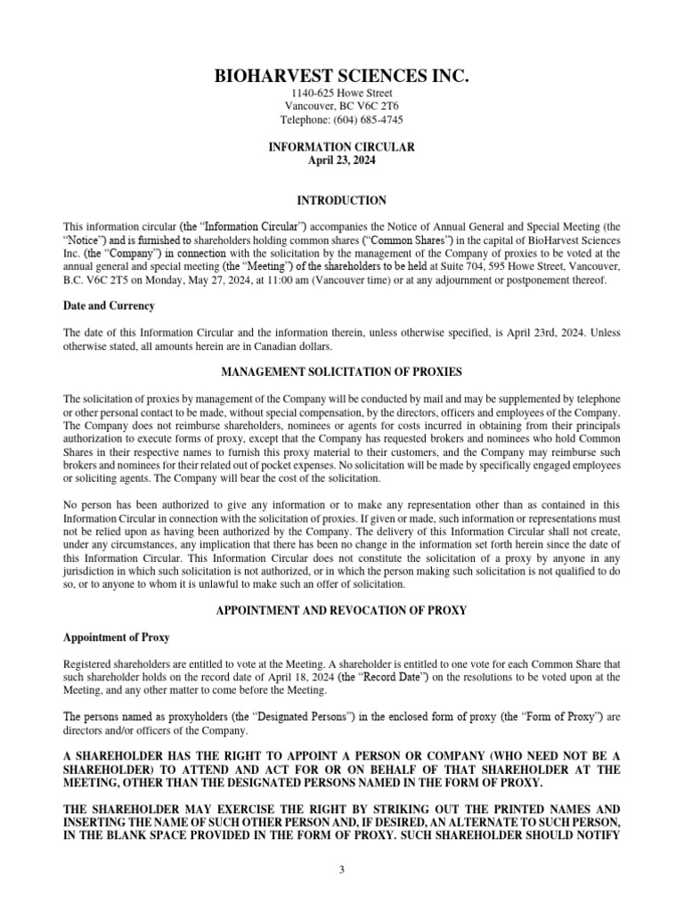 BioHarvest Sciences Proxy Information 2024 | PDF | Bankruptcy | Proxy ...