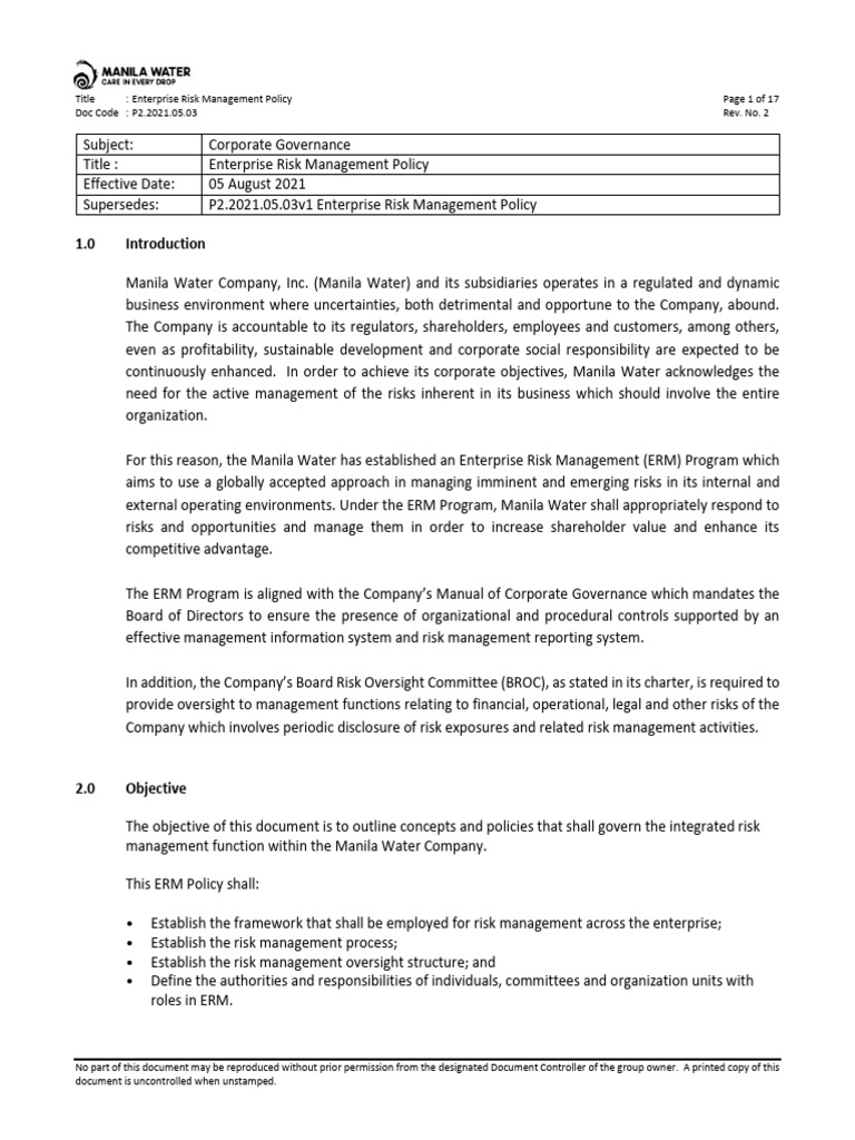 Revised ERM Policy - (As of 05 AUG 2021) | PDF | Risk Management ...