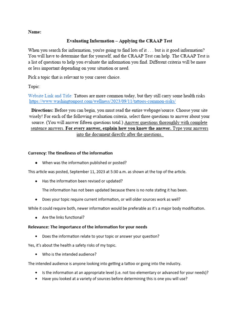 Craap Test Assignment - Complete | PDF | Human Communication | Cognition