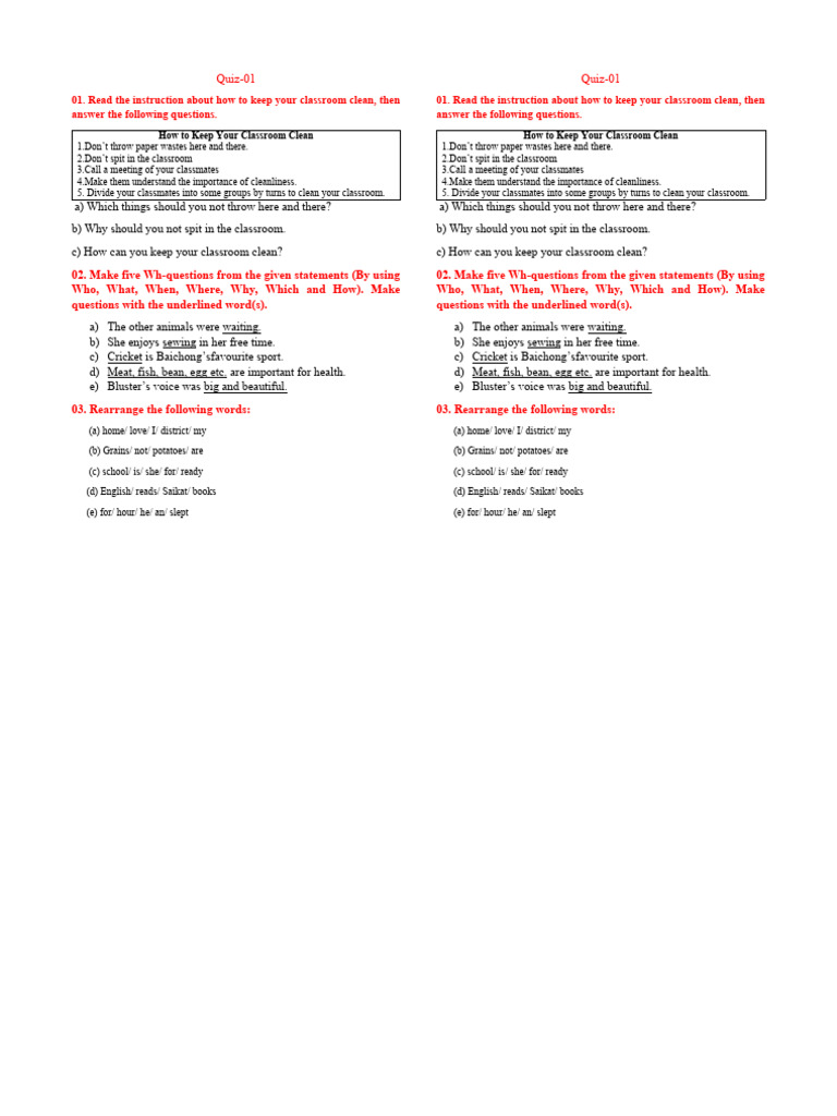 Quiz-01 Quiz-01: How To Keep Your Classroom Clean How To Keep Your ...