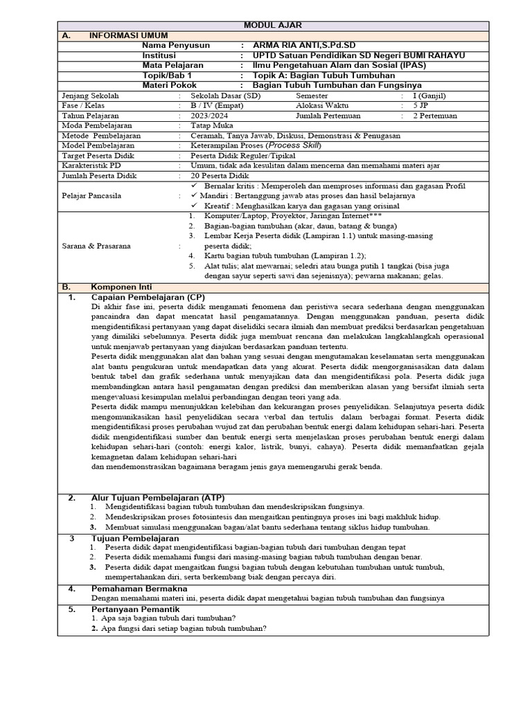 MODUL AJAR SEMUA MAPEL (1) Kumer | PDF | Pengembangan Diri | Sains & Matematika