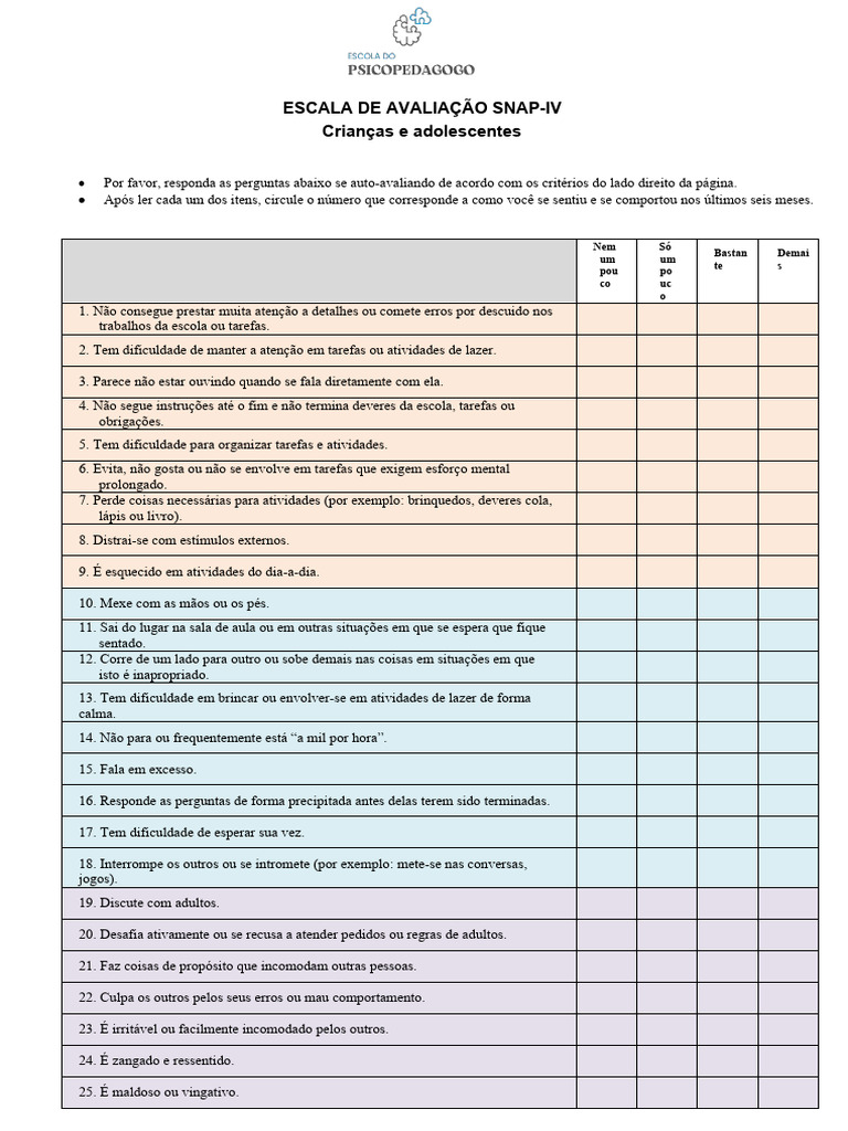 ESCALA Criança e Adolescentes SNAP IV | PDF | Transtorno de déficit de ...