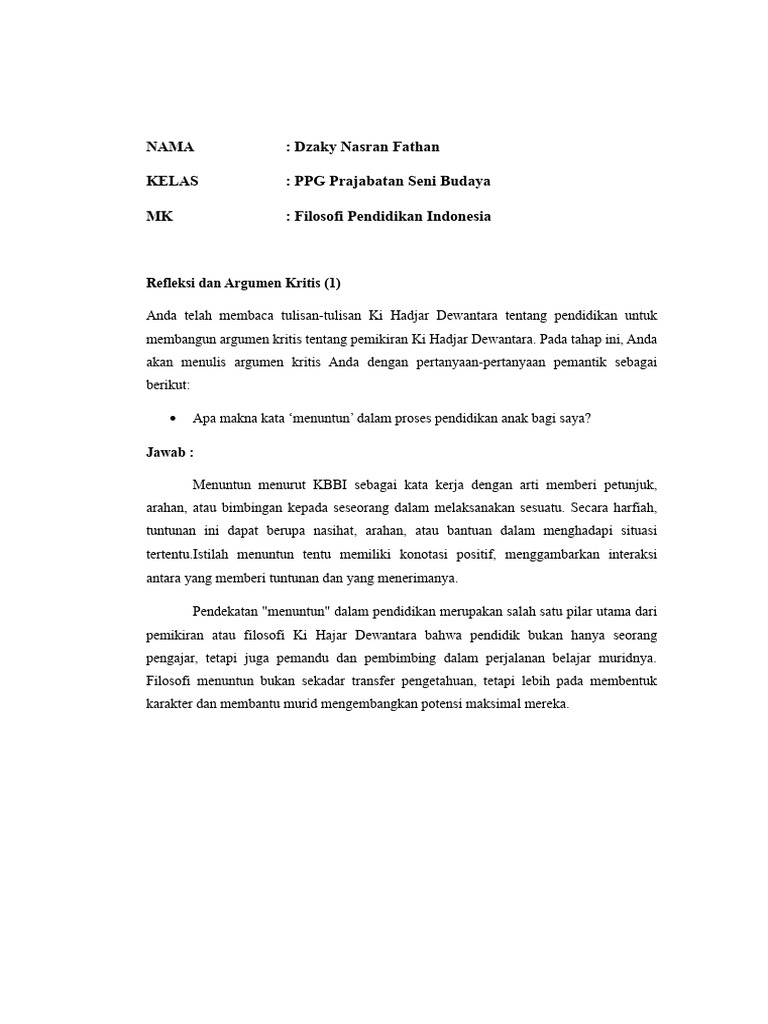Filosofi Pendidikan Topik 2 Refleksi Dan Argumen Kritis | PDF