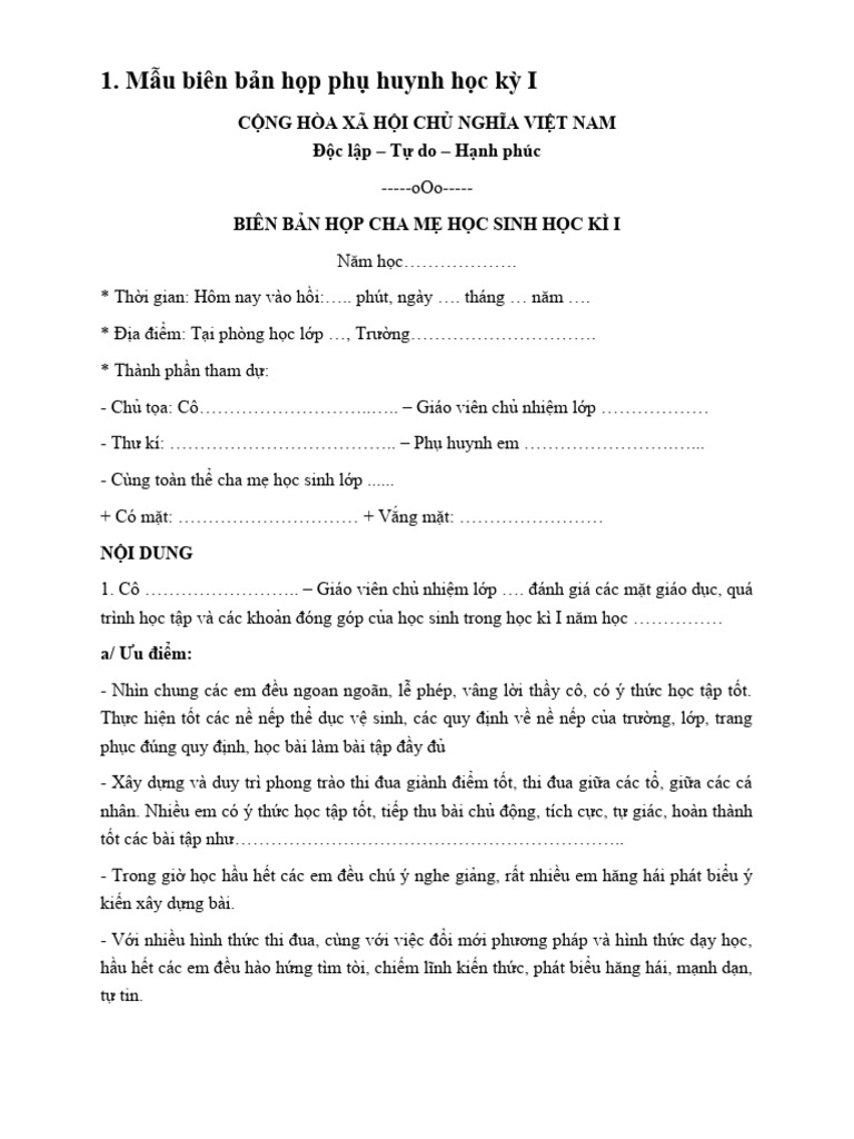 Bien Ban Hop Phu Huynh Hoc Ki 1 | PDF