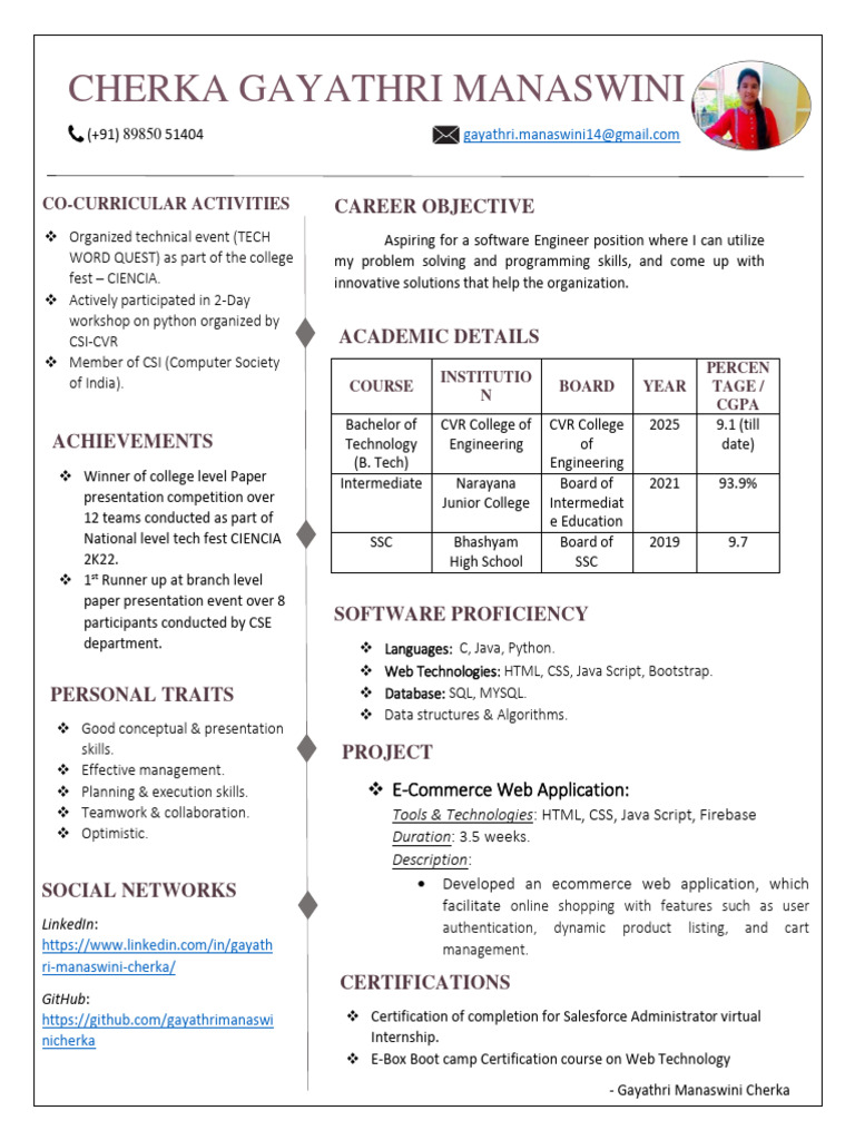 Gayathri Manaswini's Resume Overview | PDF | World Wide Web | Internet ...