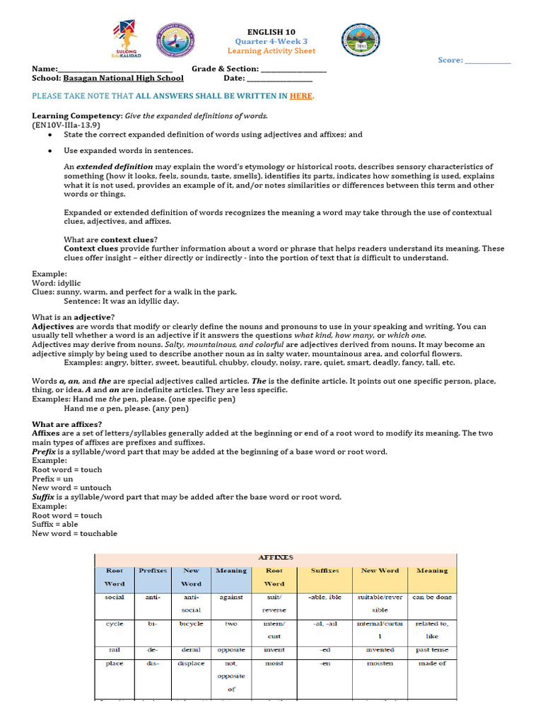 Extended Definition Grade 10 Q4-3 | PDF | Adjective | Word