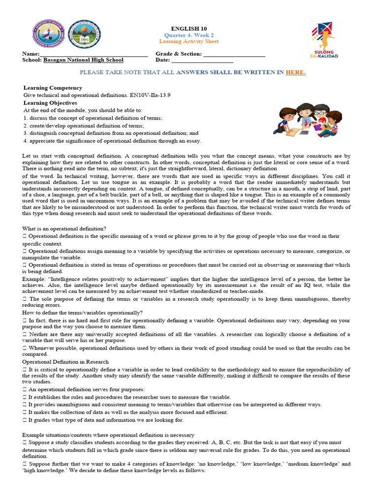 Operational and Conceptual Definition Grade 10 Q4-2 | PDF | Knowledge | Definition