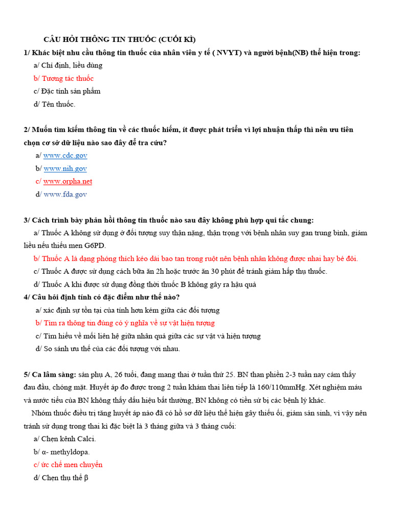 (123doc) - Cau-Hoi-Trac-Nghiem-Thong-Tin-Thuoc-Dai-Hoc-Hong-Bang | PDF