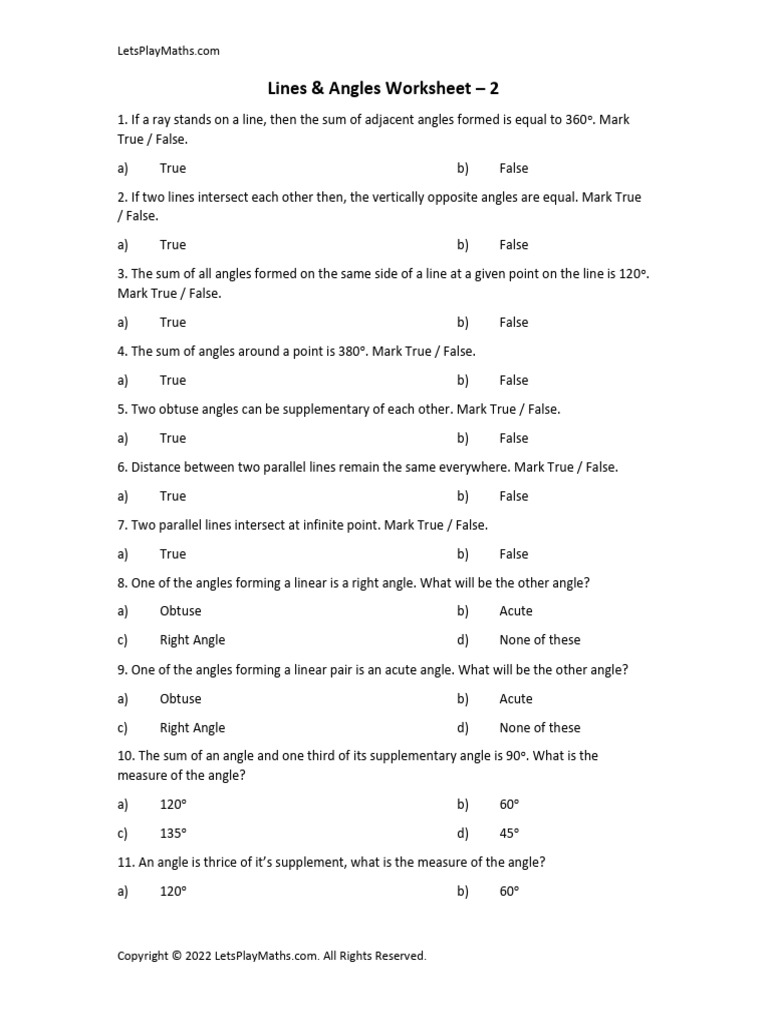 Class 7 Lines Angles Worksheet 2 | PDF | Angle | Mathematics