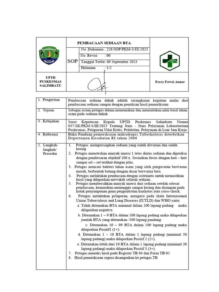 3.9.1a SOP PEMBACAAN SEDIAAN BTA FIX | PDF