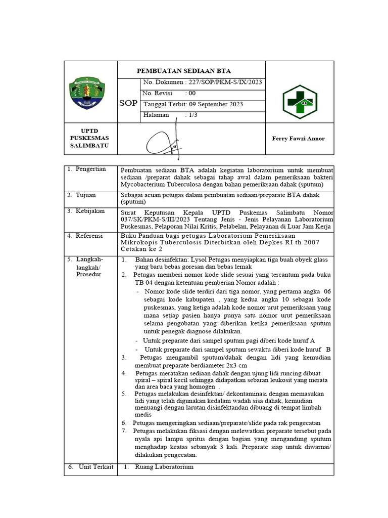 3.9.1a SOP PEMBUATAN SEDIAAN BTA | PDF