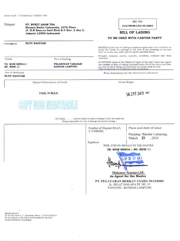 Contoh BL kapal | PDF