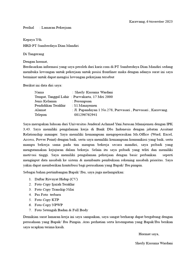 Lamaran Sherly Kusuma Wardani - PT Sumberdaya Dian Mandiri | Download ...