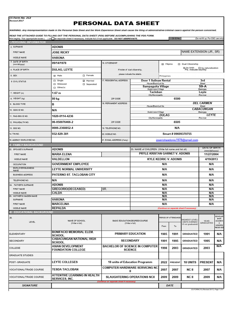 Personal Data Sheet Template | PDF | Employment