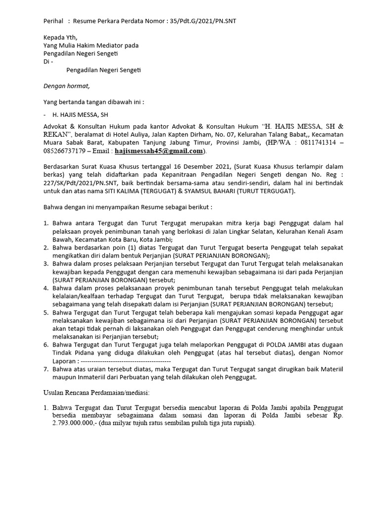 Resume Perkara Perdata 35/Pdt.G/2021 | PDF