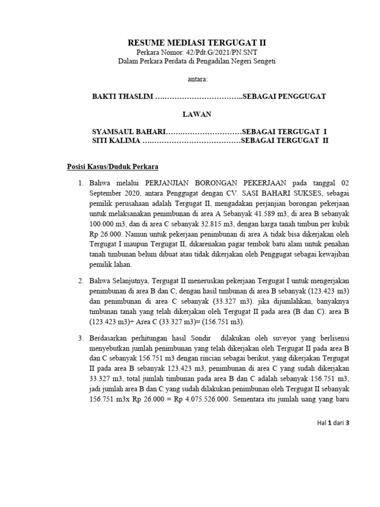 Resume Mediasi Perkara Perdata 42/Pdt.G/2021 | PDF