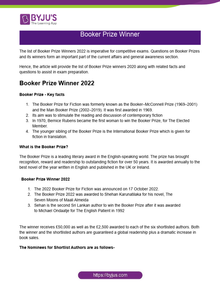 Booker Prize Winners 2022 | PDF | English Language Literature | British ...
