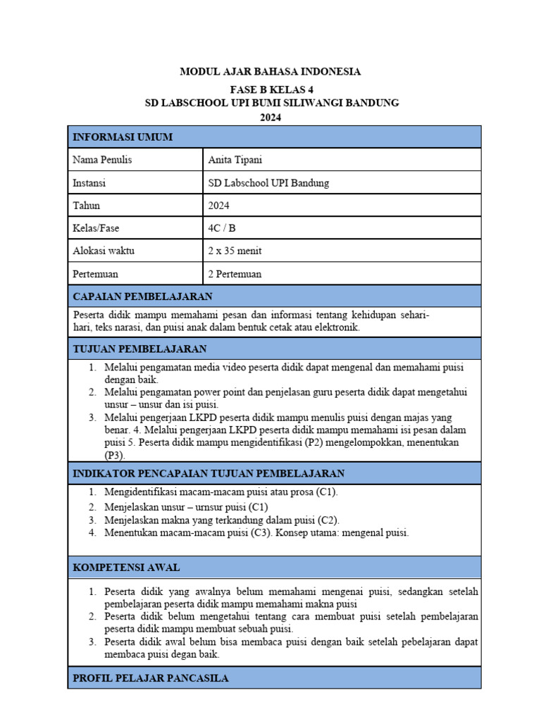 Modul Ajar Bahasa Indonesia Fase B Kelas 4 SD Labschool Upi Bumi Siliwangi Bandung 2024 ...