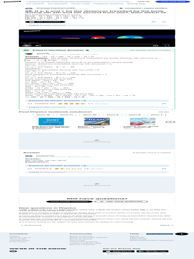 If A, B and C Be The Distances Travelled by The Body During XTH Yth and ...