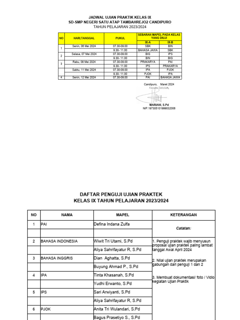 Jadwal Ujian Praktik Kelas IX 2024 | PDF