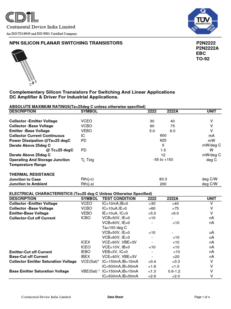 2n2222 | PDF | Bipolar Junction Transistor | Semiconductor Devices