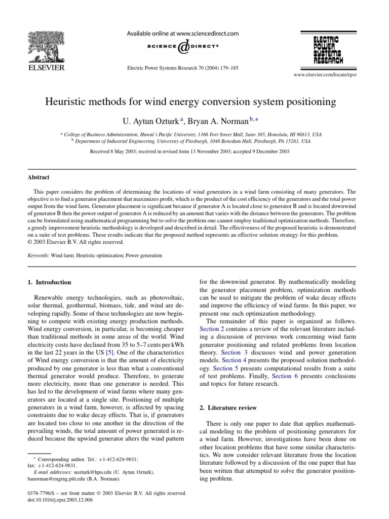 962 Heuristic Methods For Wind Energy Conversion System Positioning U