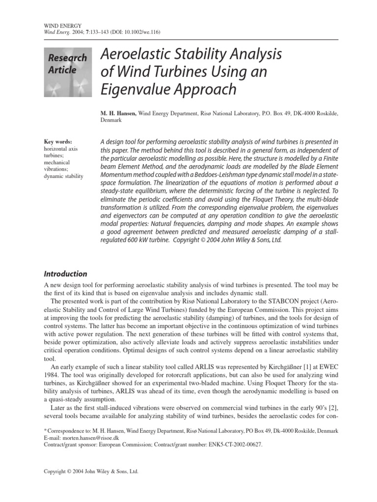 501 Aeroelastic Stability Analysis of Wind Turbines Using An Eigenvalue Approach HANSEN (2004 ...
