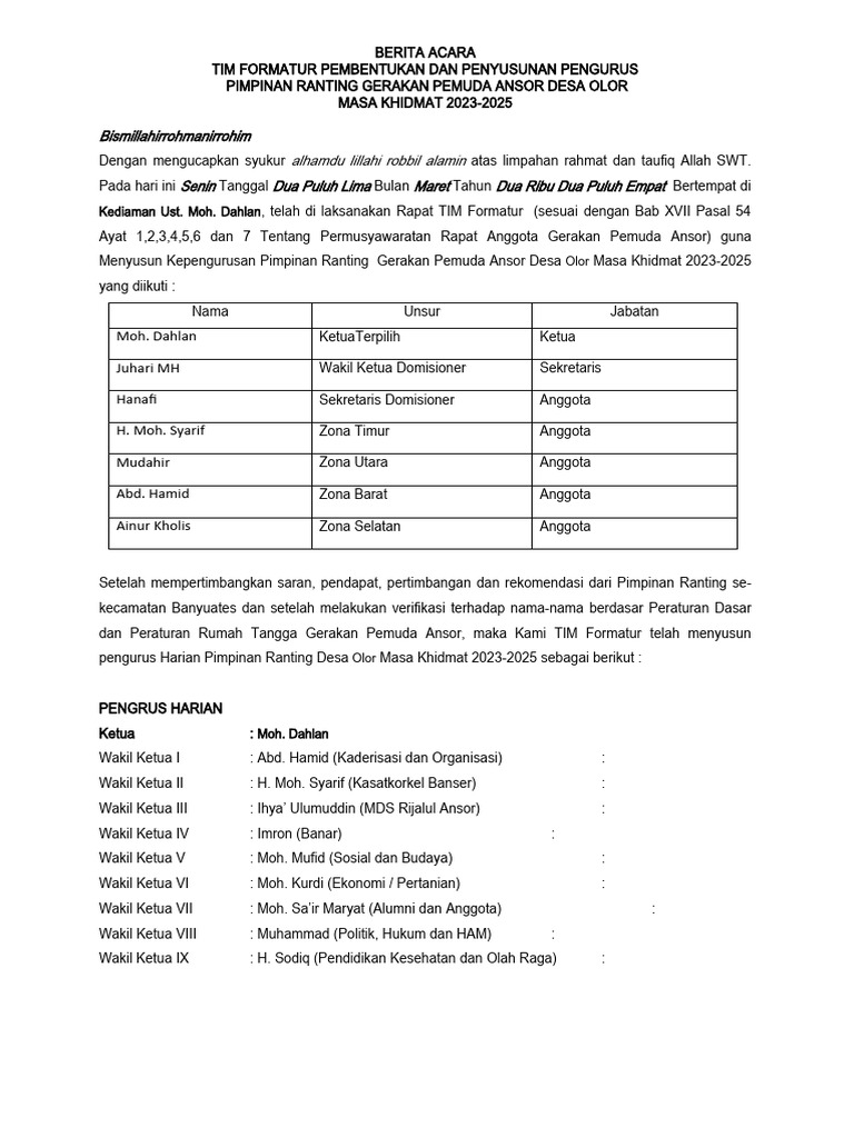 Berita Acara Tim Formatur Pdf