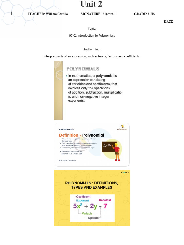 TEACHER: William Carrillo SIGNATURE: Algebra-1 Grade: 8-Hs Date | PDF ...