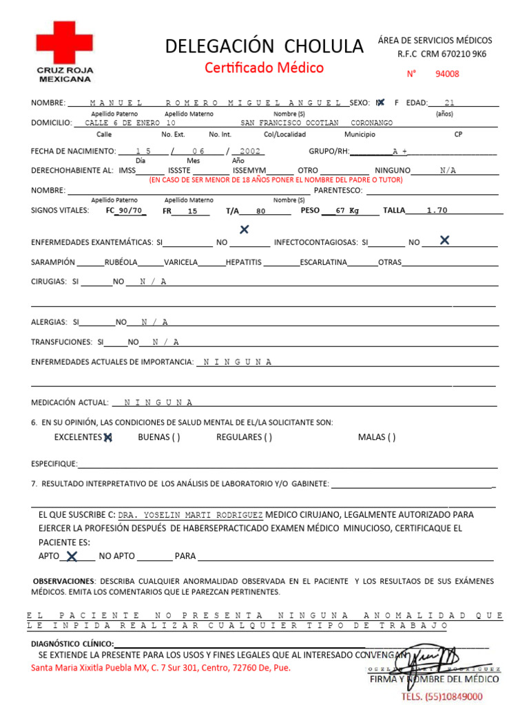 Certificado Médico Cruz Roja | Descargar gratis PDF | Enfermedades y trastornos | Programas sociales