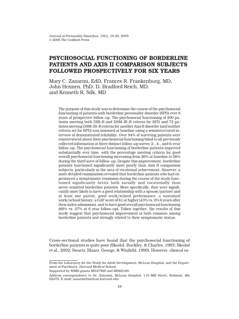 Psychosocial Functioning of Borderline Patients and Axis Ii Comparison Subjects Followed ...