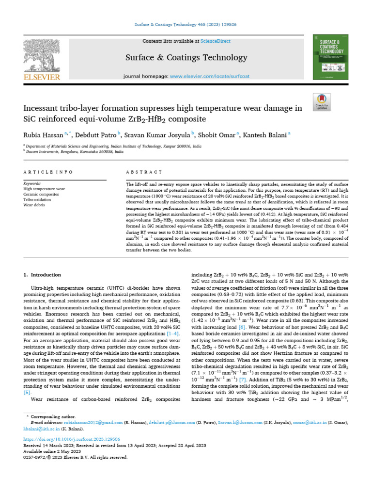 Ultra High Temperature Ceramics Tribology at 1000 Deg C | PDF | Wear ...