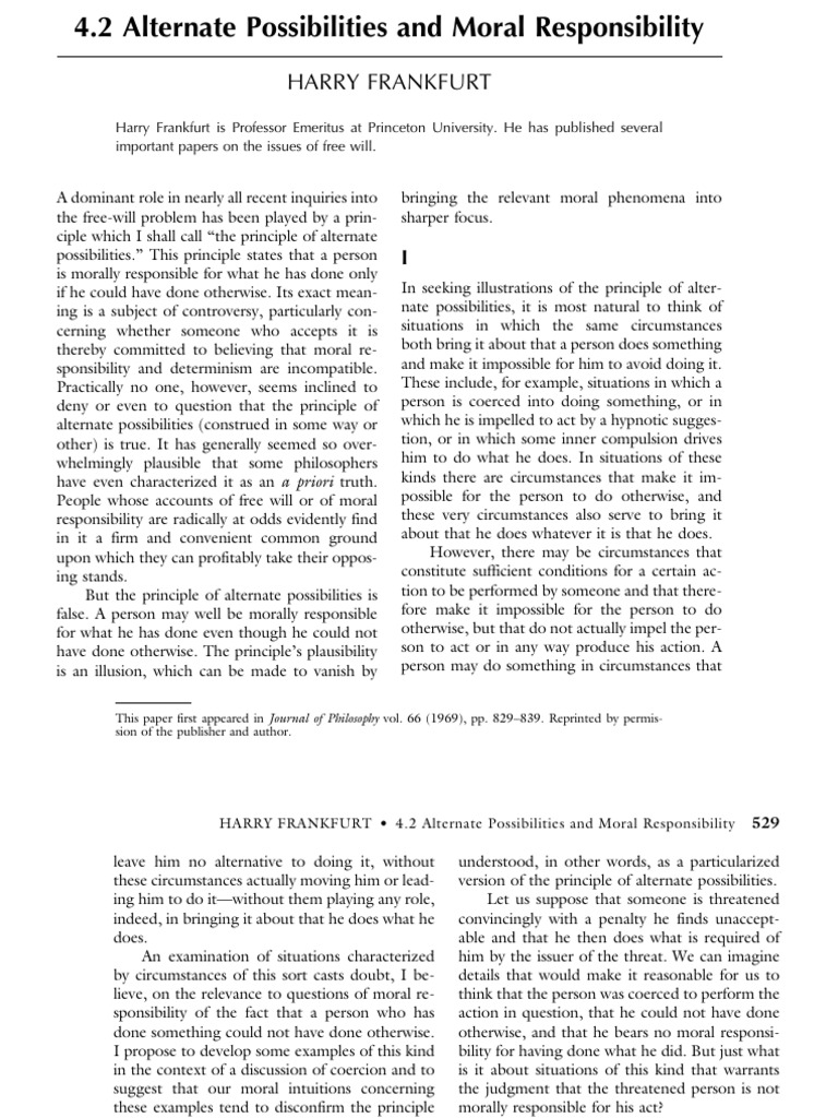 Frankfurt 1969 Alternate Possibilities and Moral Responsibility | PDF ...