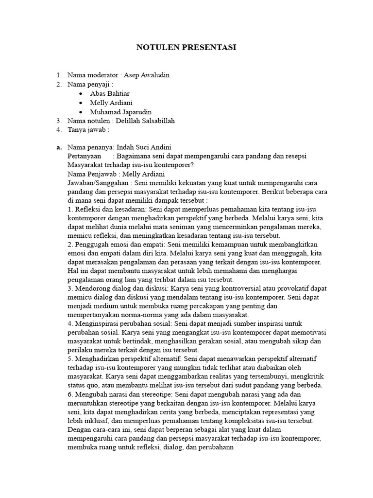 Notulen Presentasi Pendidikan Seni Di SD | PDF