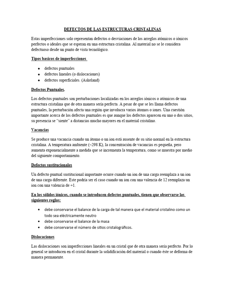 DEFECTOS DE LAS ESTRUCTURAS CRISTALINAS Cuesto | PDF | Dislocación ...