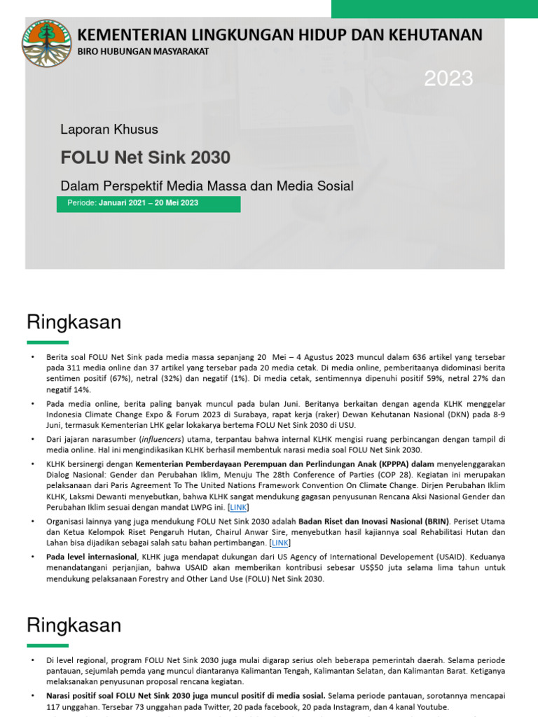 Laporan Khusus FOLU Net Sink 2030 (21 Mei - 4 Agustus 2023) | PDF