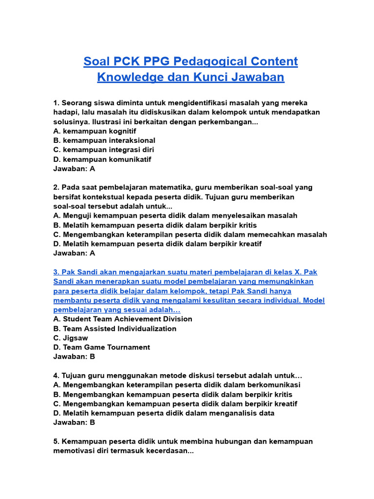 Soal PCK untuk PPG Prajabatan | PDF | Karier & Perkembangan ...