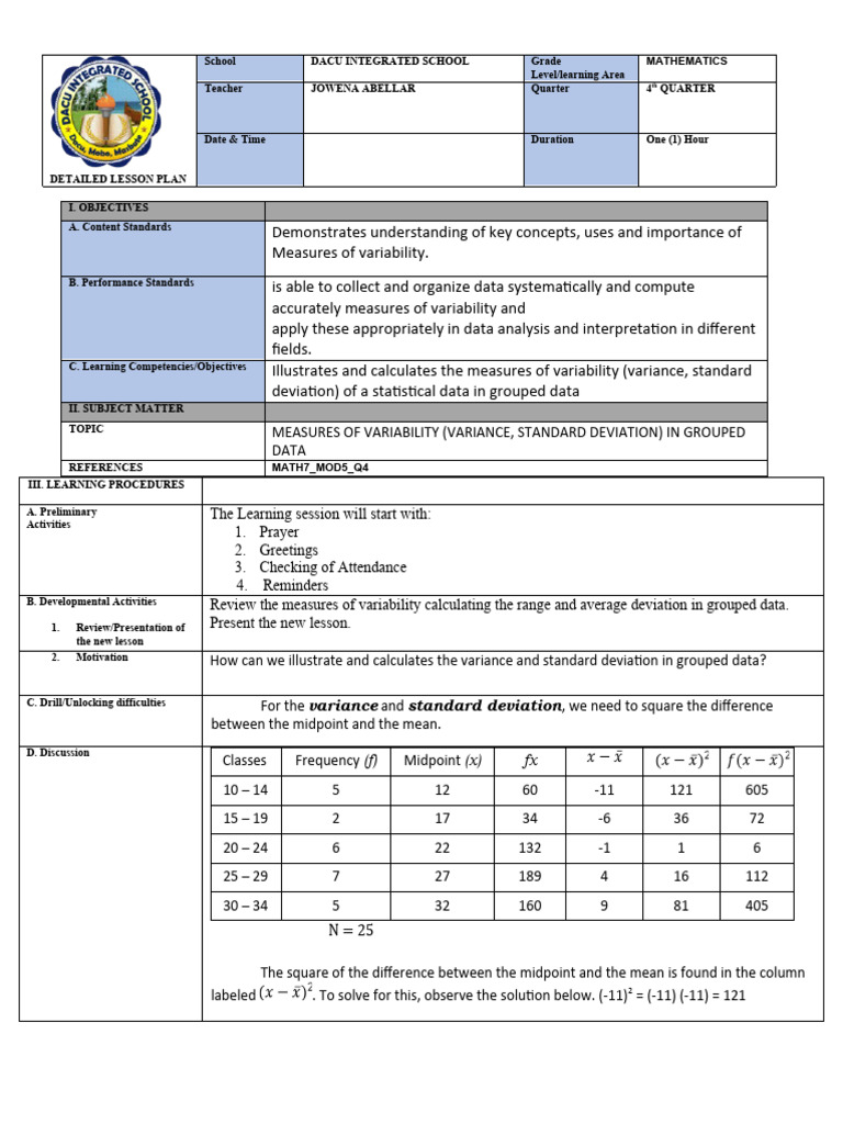 Lp Grade 7 Measures Of Variability Variance Standard Deviation In