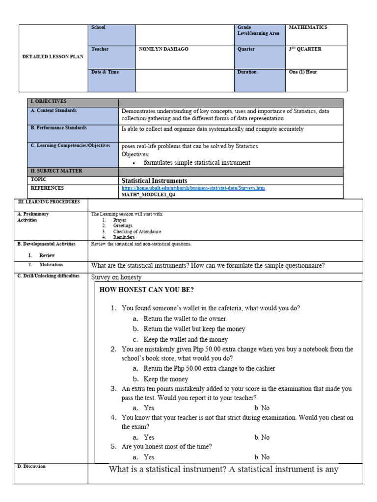 LP Grade 7 Statistical Instruments | PDF | Survey Methodology ...