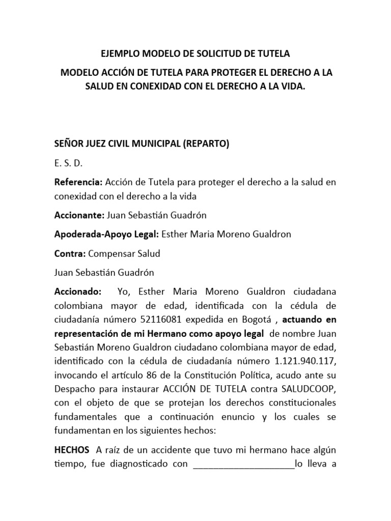 Ejemplo Modelo de Solicitud de Tutela | PDF | Derecho Constitucional | Medicamentos con receta