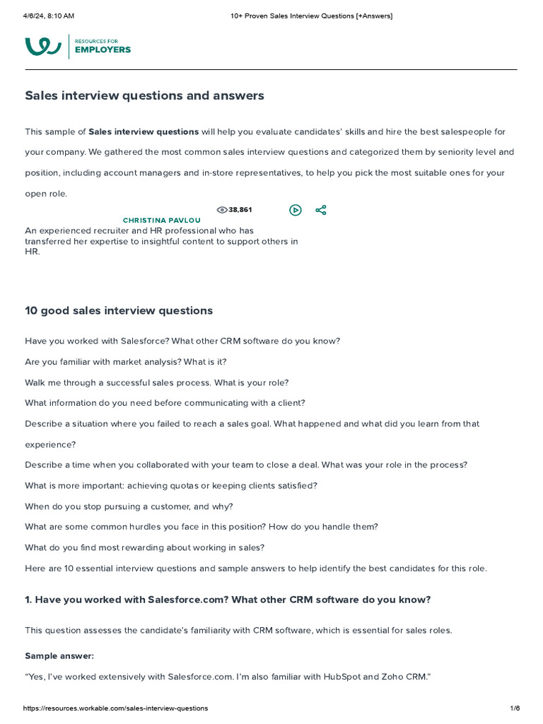 Essential Sales Interview Questions & Answers | PDF | Sales | Customer ...