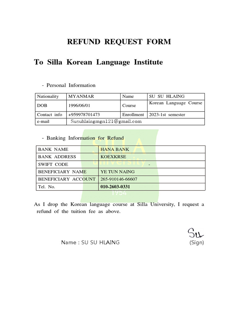 Su Su Hlaing Refund | PDF