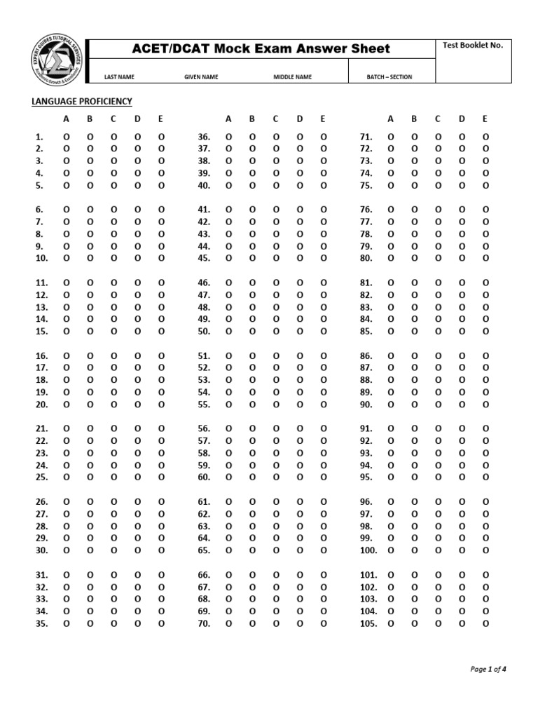 ACET DCAT Answer Sheet | PDF
